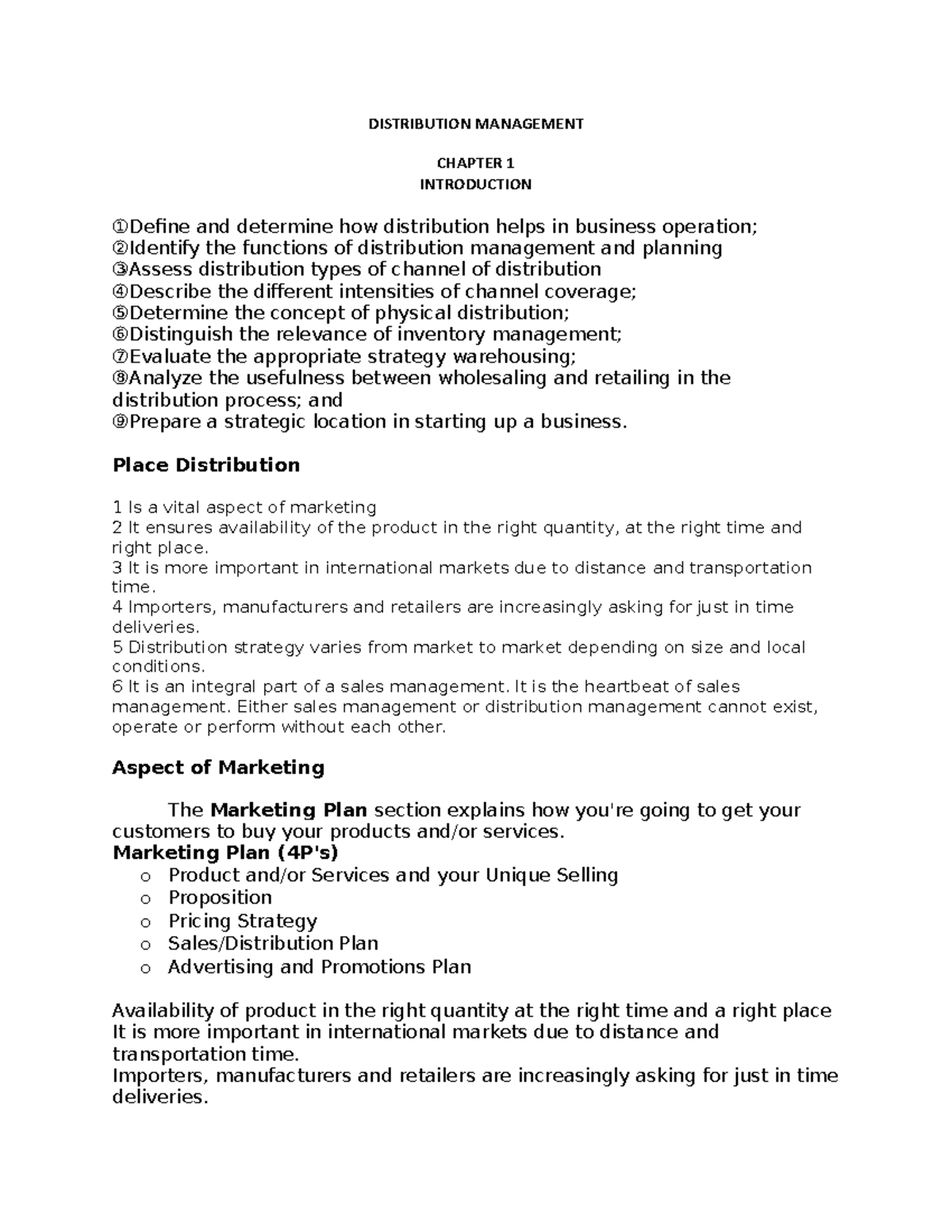 NOTE 1: Introduction in Distribution Management for 3rd year ...