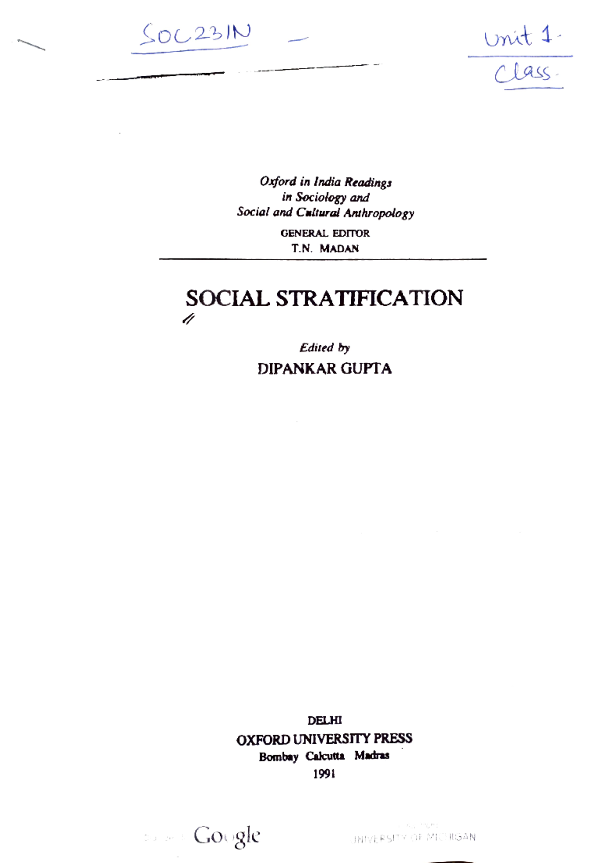 Social Stratification dipankar gupta - Ont 1 Class ####### Soc23IN ...