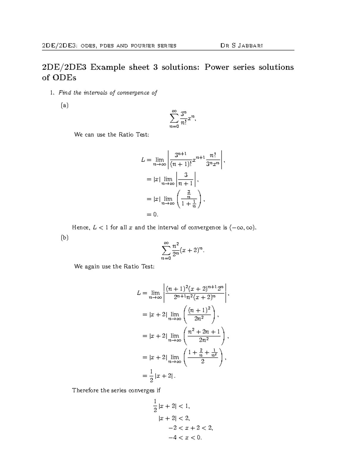 Exercise Sheet 3 solutions - 2DE/2DE3 Example sheet 3 solutions: Power series solutions of ODEs ...
