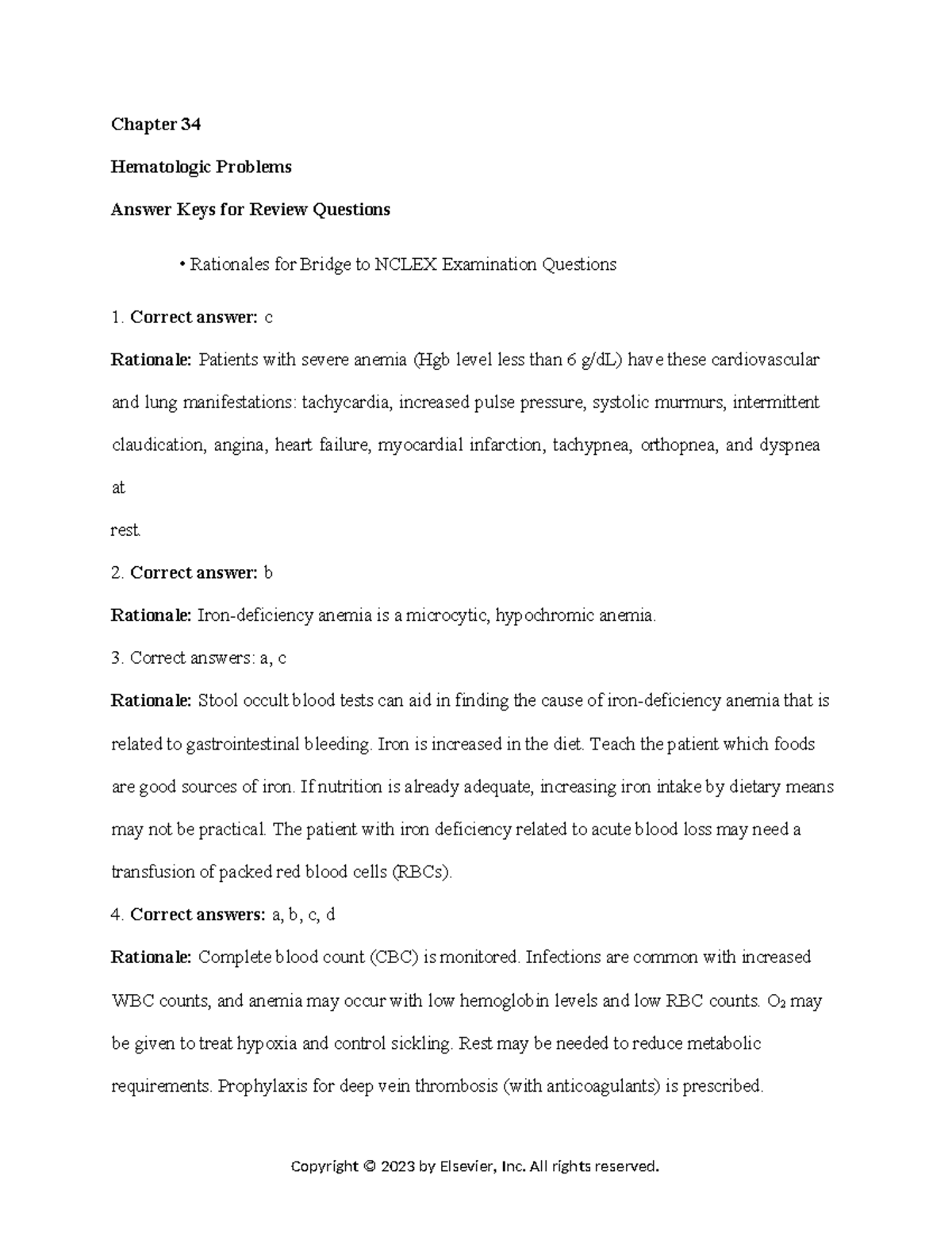 Chapter 034 - Chapter 34 Hematologic Problems Answer Keys for Review Questions - Rationales for ...
