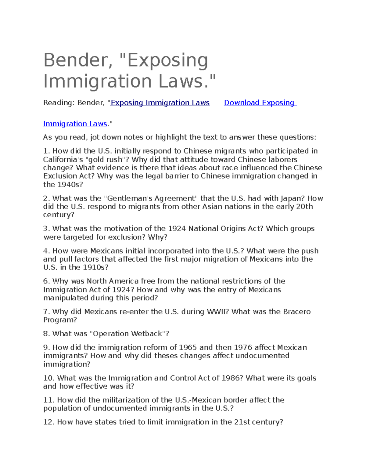 Unit Five Reading and Questions - Bender, "Exposing Immigration Laws ...