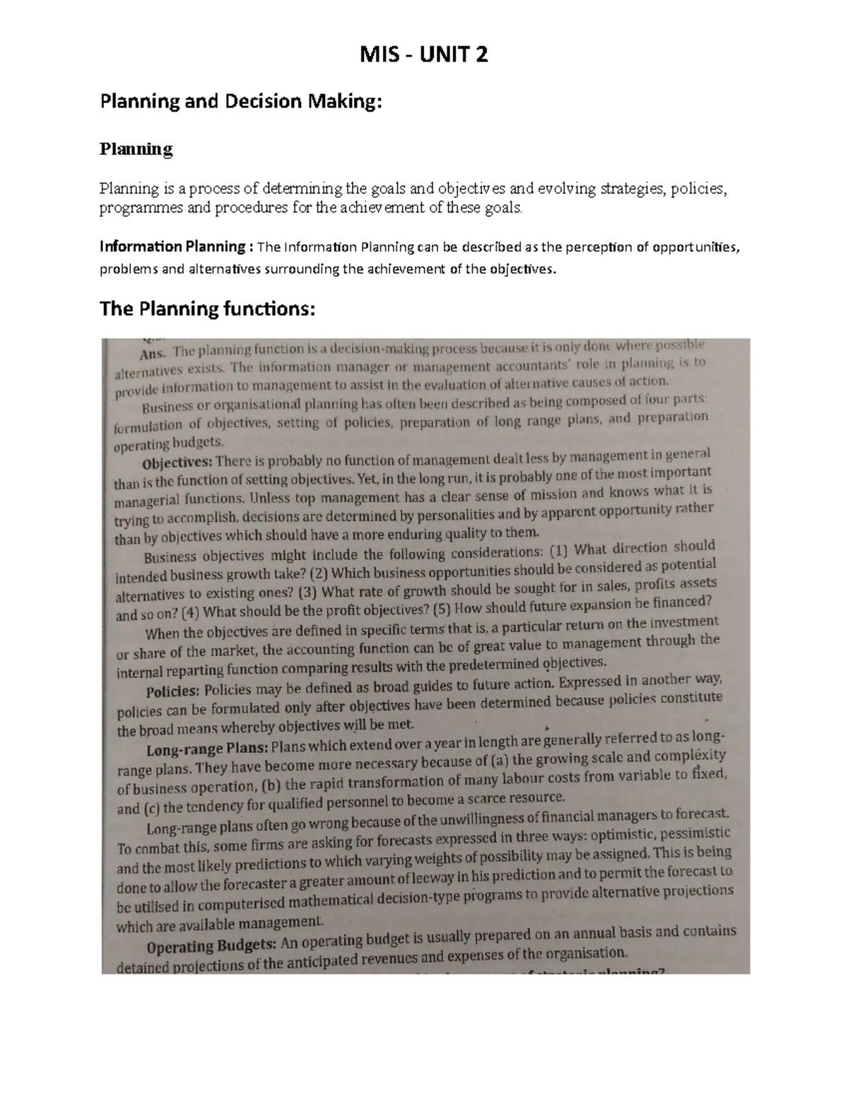 MIS Notes Unit 2 - MIS - UNIT 2 Planning and Decision Making: Planning ...