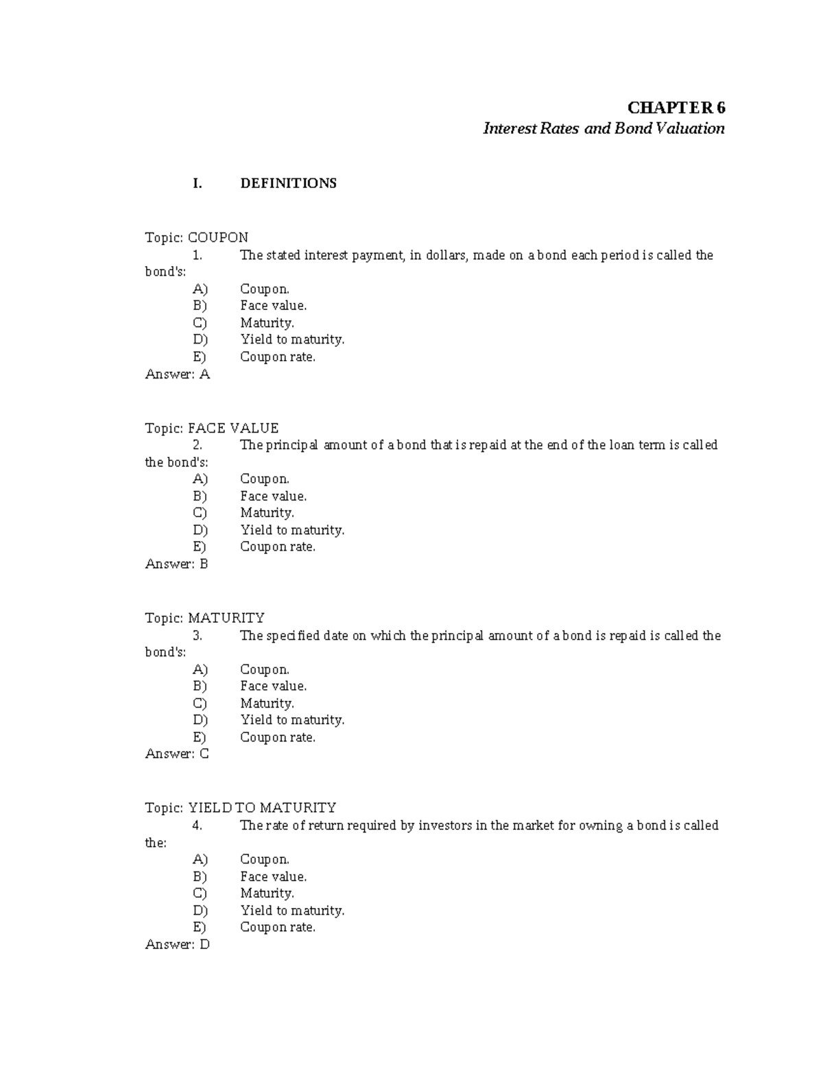 Chapter 7 Test Bank - CHAPTER 6 Interest Rates and Bond Valuation I ...