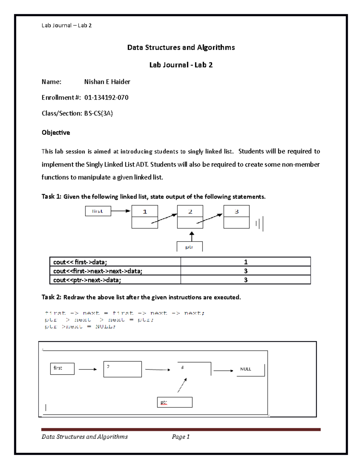 Journal 2 - Data Structures and Algorithms Lab Journal - Lab 2 Name ...