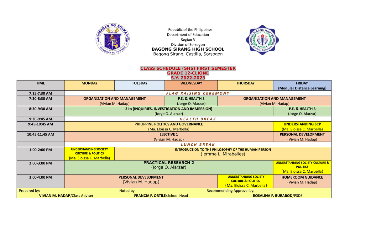 Schedule-SHS-S - Schedule - Republic of the Philippines Department of Education Region V ...