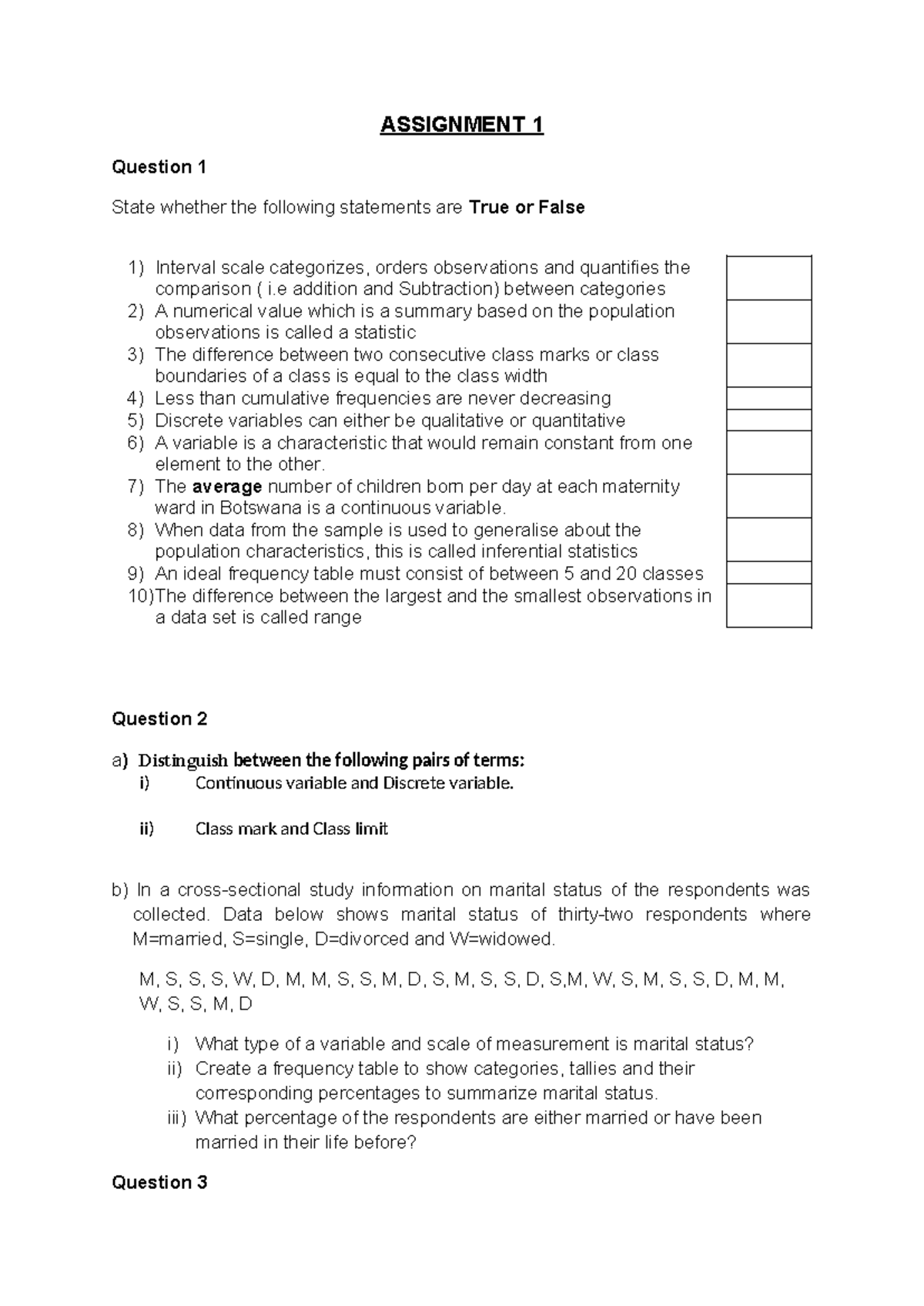 STA 111 Assignment 1 Sem 2 2022-2023 - ASSIGNMENT 1 Question 1 State whether the following - Studocu