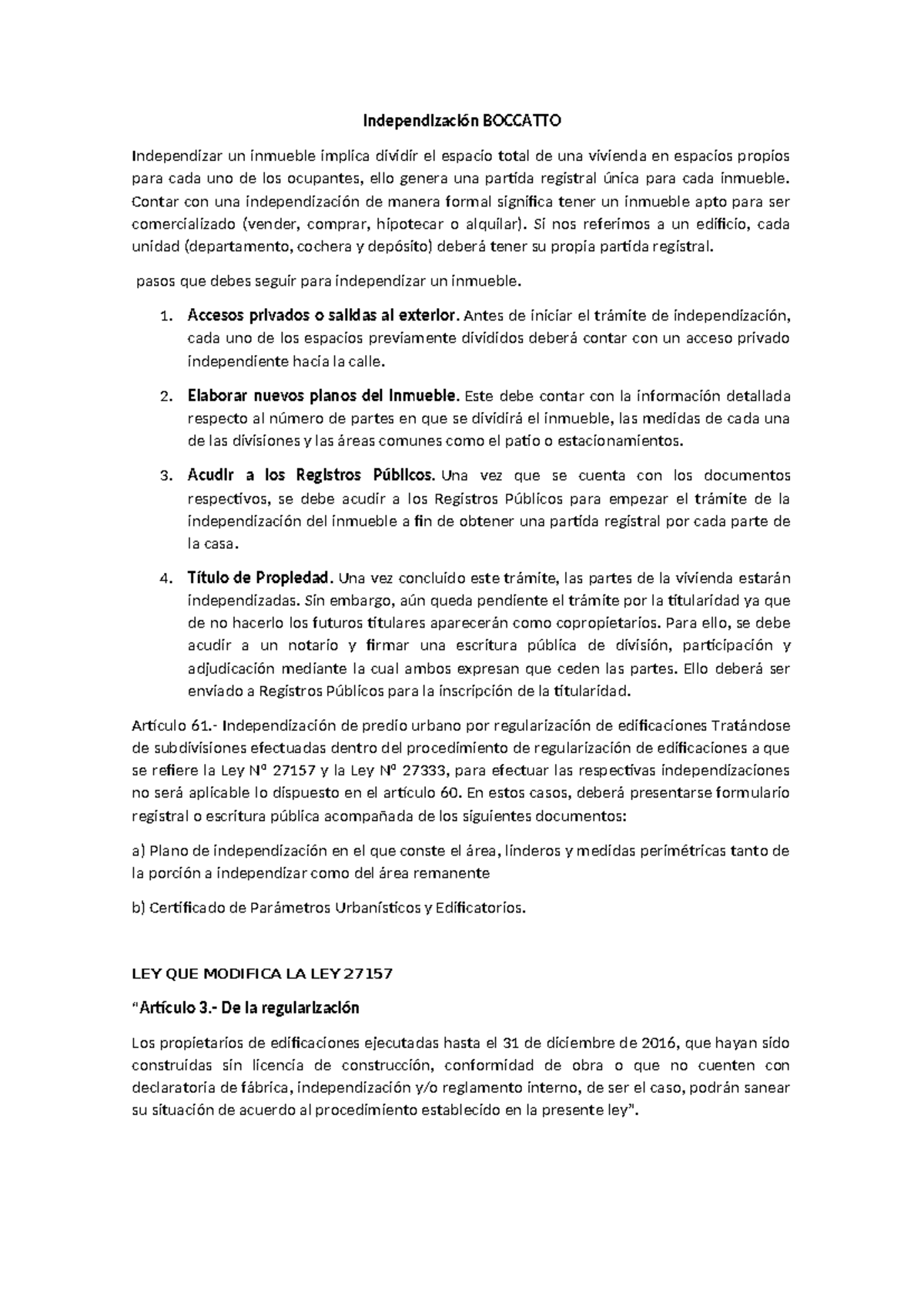 Independización Boccatto - Independización BOCCATTO Independizar un ...