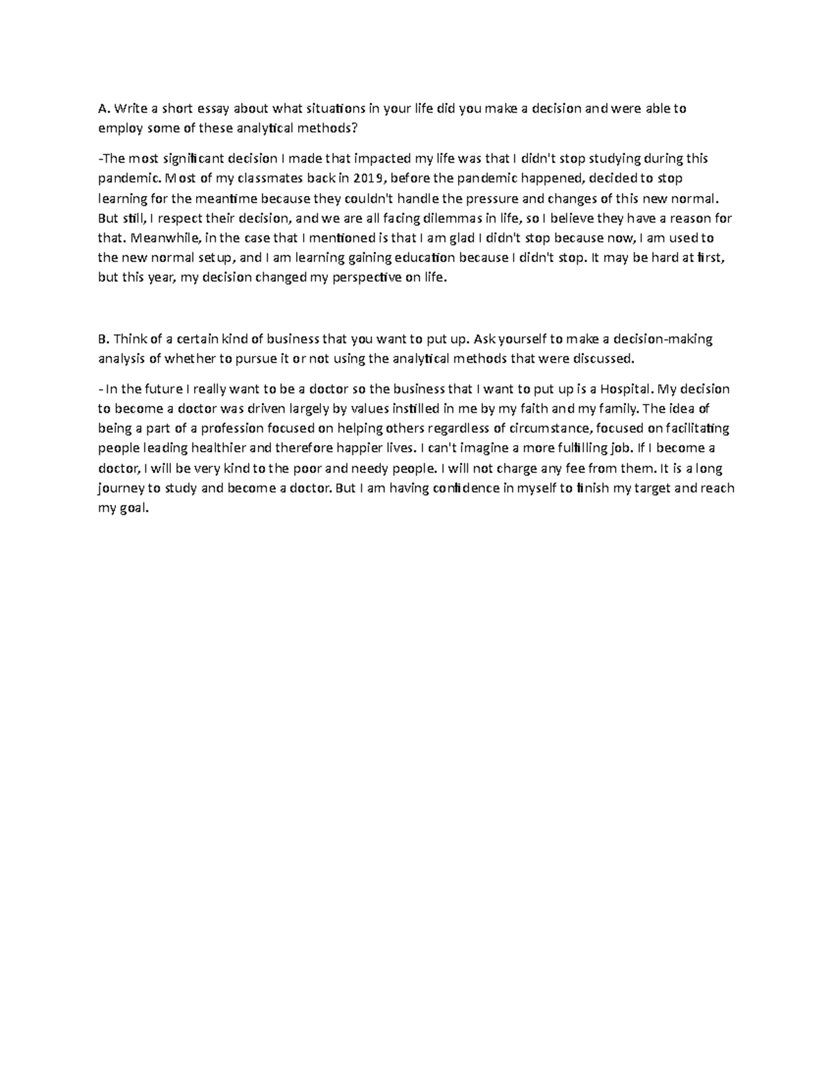 Human 2 Project NO. 2 - A. Write a short essay about what situations in ...
