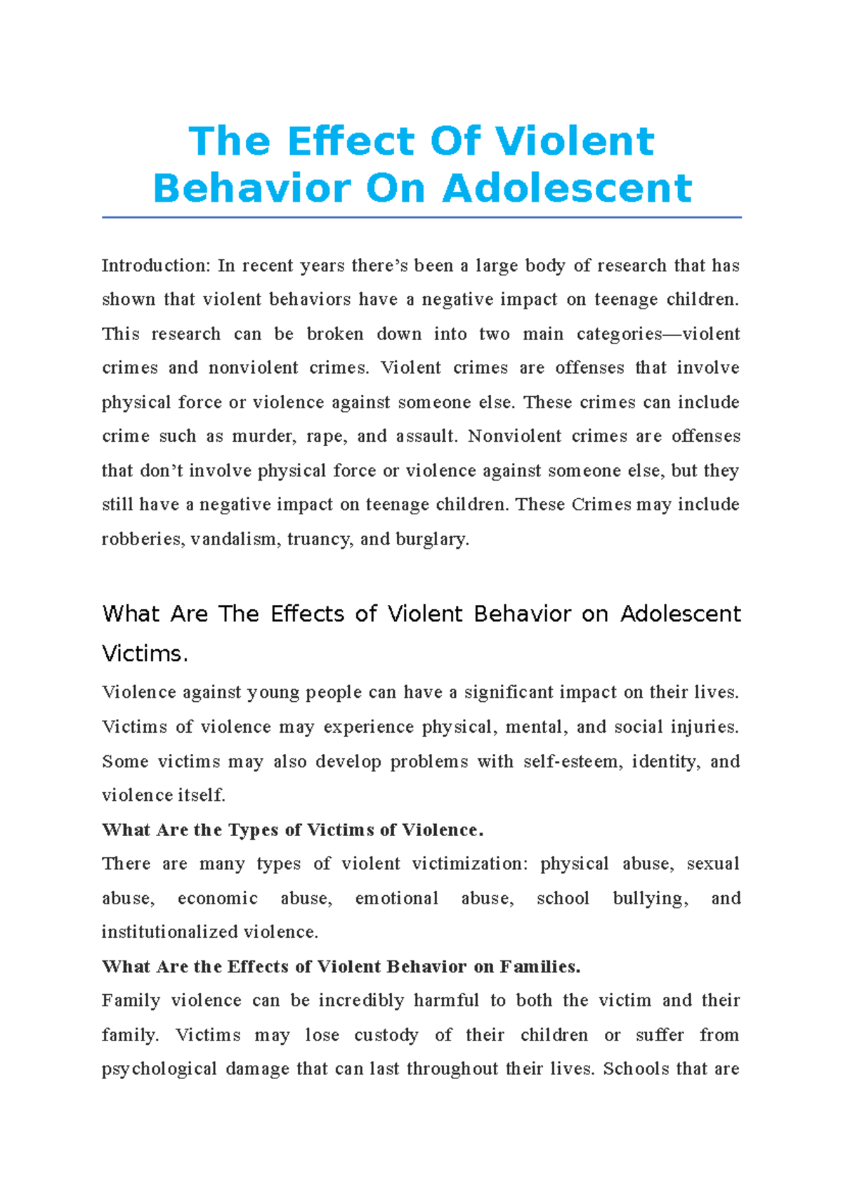 The Effect Of Violent Behavior On Adolescent - The Effect Of Violent ...