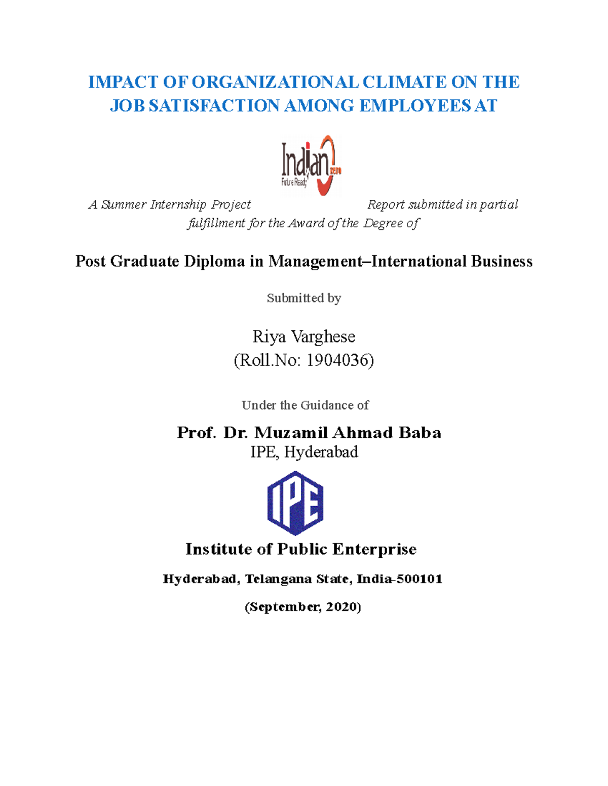1904036 Riya Varghese Sip Report Of Internship On The Filed Of Human Resources Impact Of