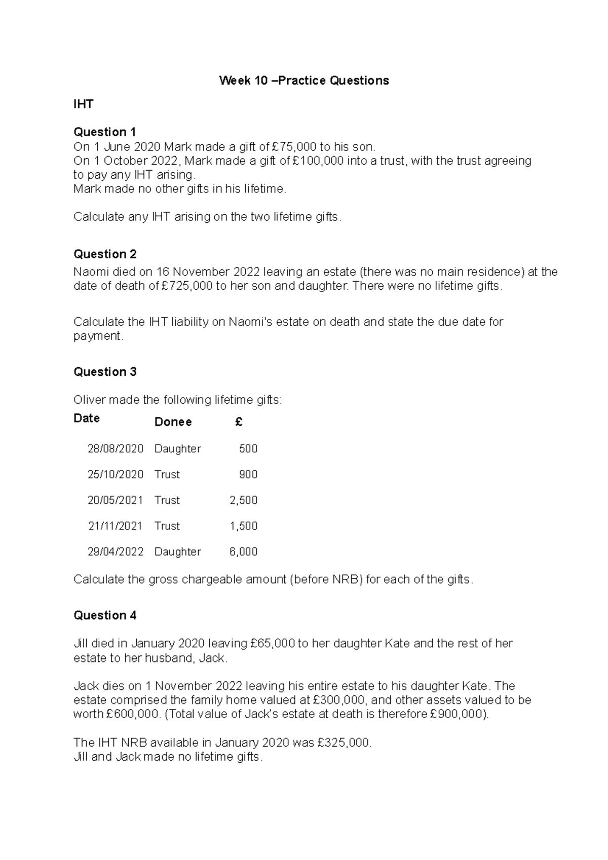 Week 10 Practise Questions IHT - Week 10 –Practice Questions IHT Question 1 On 1 June 2020 Mark ...