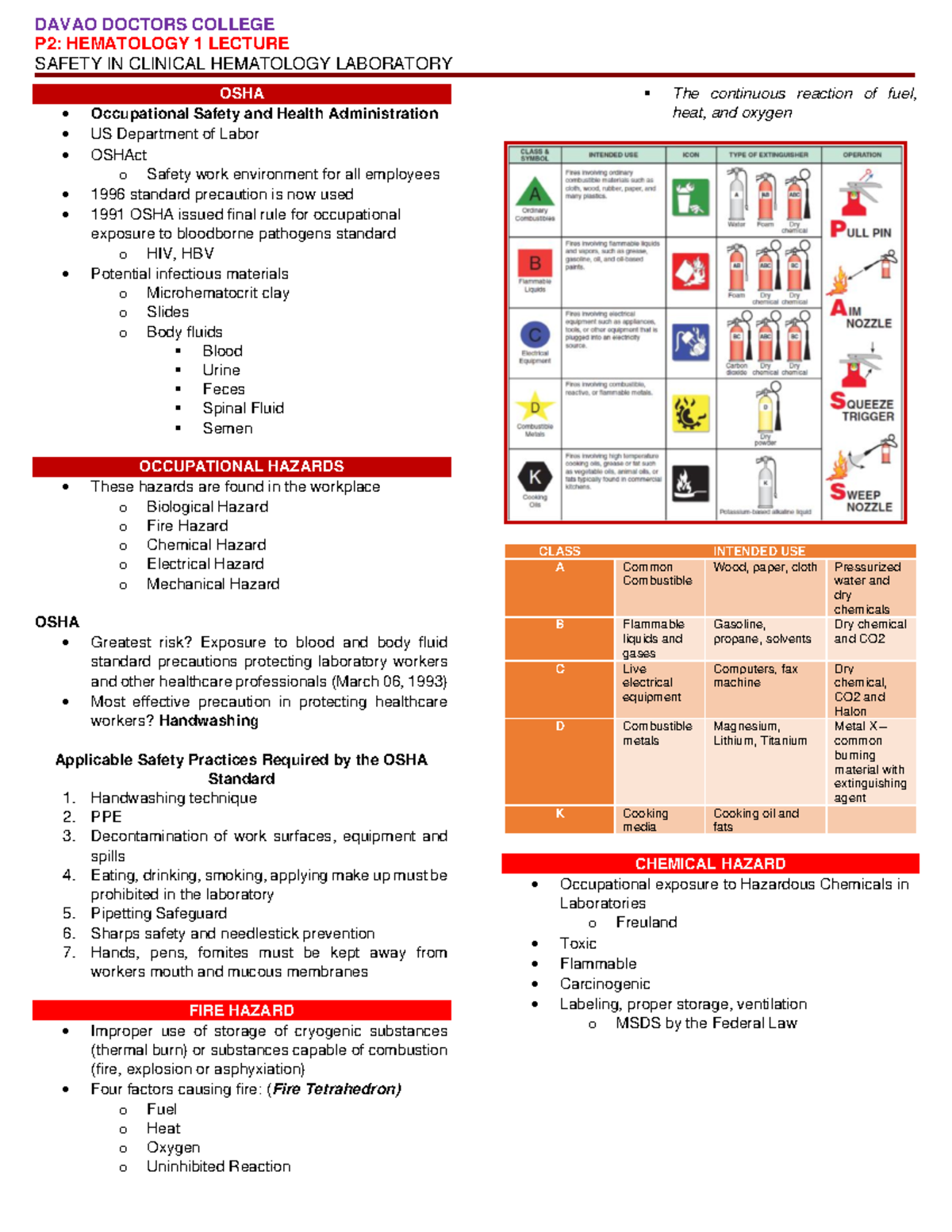 HEMA 1 LEC PRELIM LESSON 2 - P 2 : HEMATOLOGY 1 LECTURE SAFETY IN ...