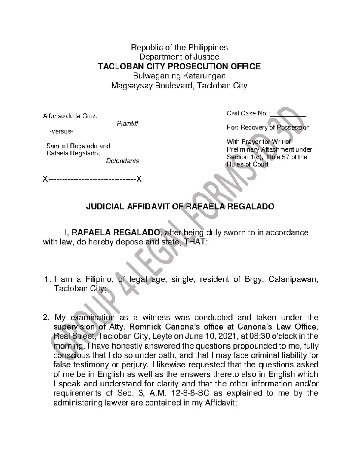 Affidavit Rafaela Regaladosamples - Republic of the Philippines ...