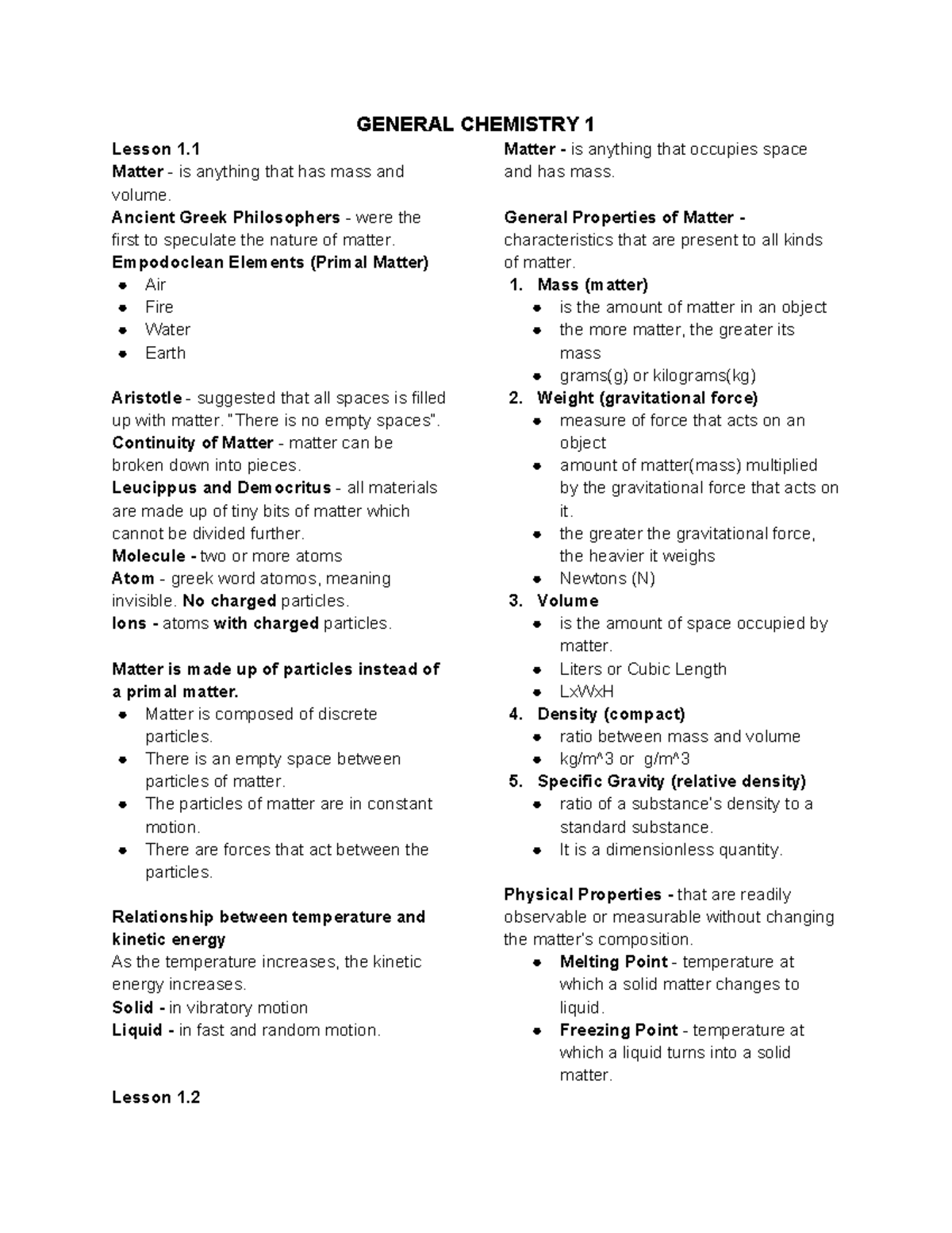 General Chemistry - reviewer - GENERAL CHEMISTRY 1 Lesson 1. Matter ...