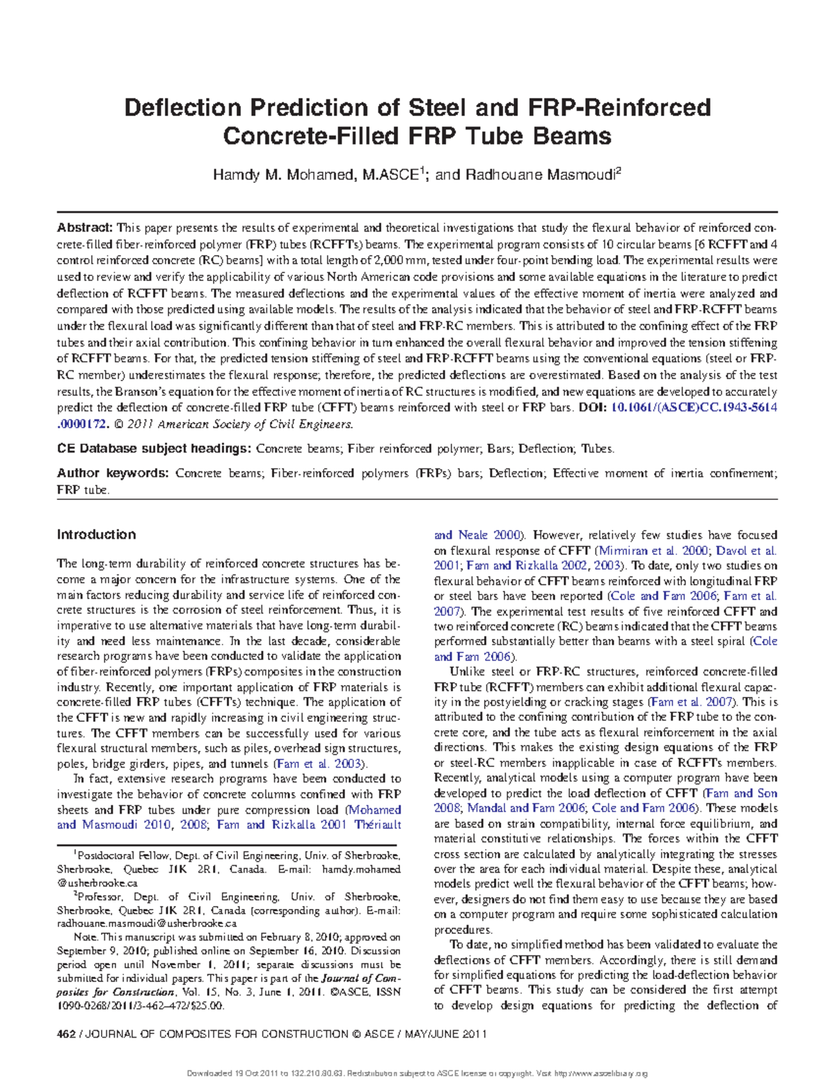 Deflection Predictionof Seel Frp Reinforced Cfft Beams Asce 2011 Deflection Prediction Of