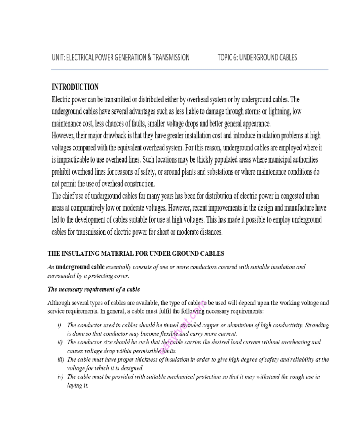 Underground Cables Notes - UNIT: ELECTRICAL POWER GENERATION ...