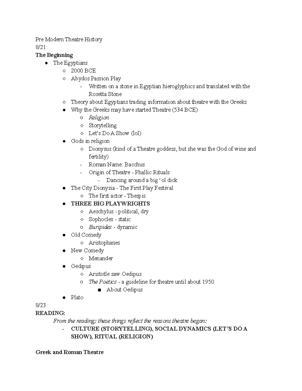 Pre Modern Theatre History Notes - Pre Modern Theatre History 8/21: The ...