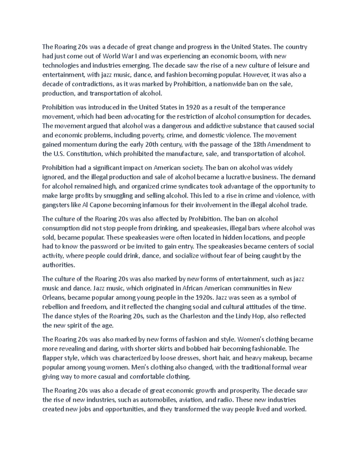 The Roaring 20s and Prohibition - The Roaring 20s was a decade of great ...