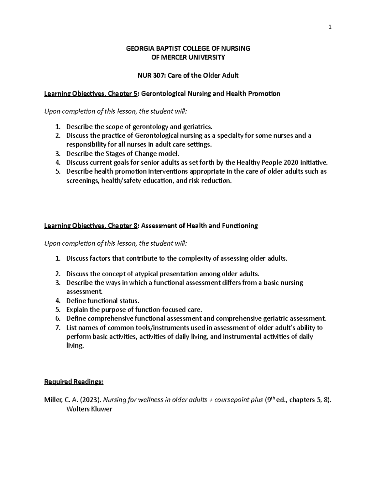Objectives Week 1 - nur 307 - GEORGIA BAPTIST COLLEGE OF NURSING OF ...