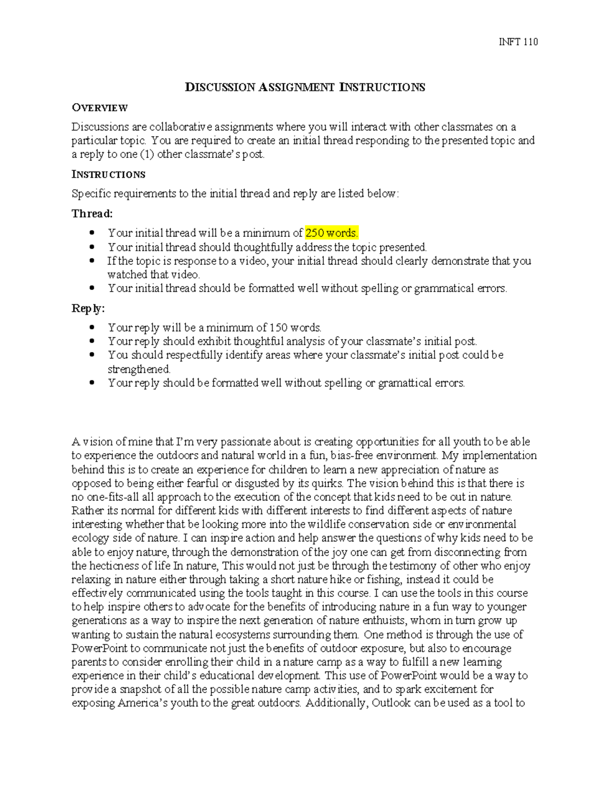 INFT Discussion Assignment Instructions and rough draft - INFT 110 ...