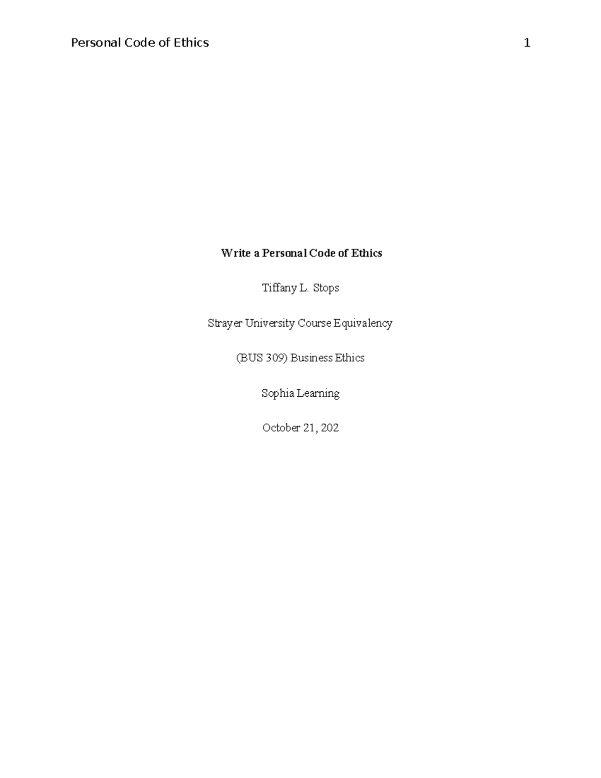 Tiffany Stops Personal Codeof Ethics - Personal Code of Ethics 1 Write ...