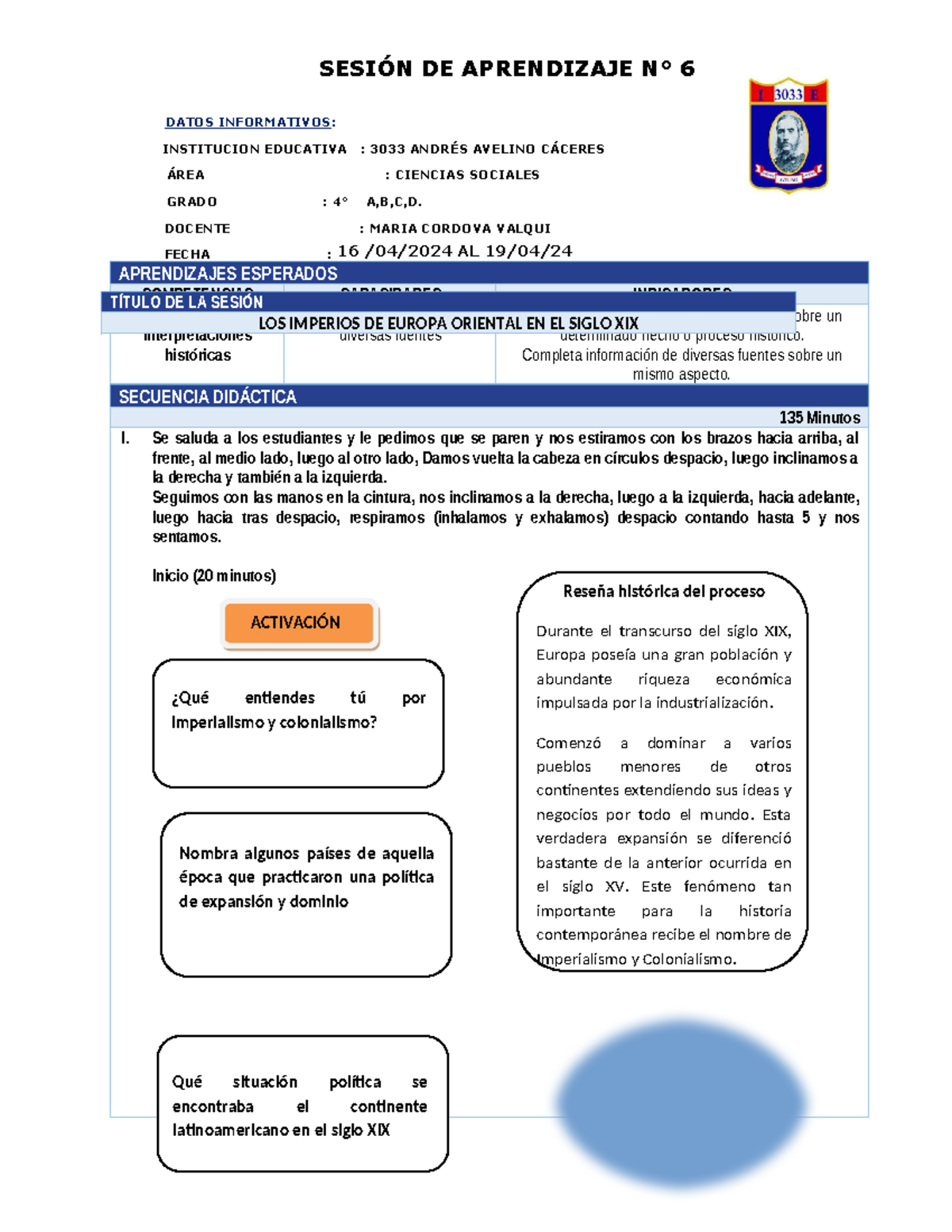 IMPERIOS ORIENTALES - SESIÓN DE APRENDIZAJE N° 6 DATOS INFORMATIVOS ...