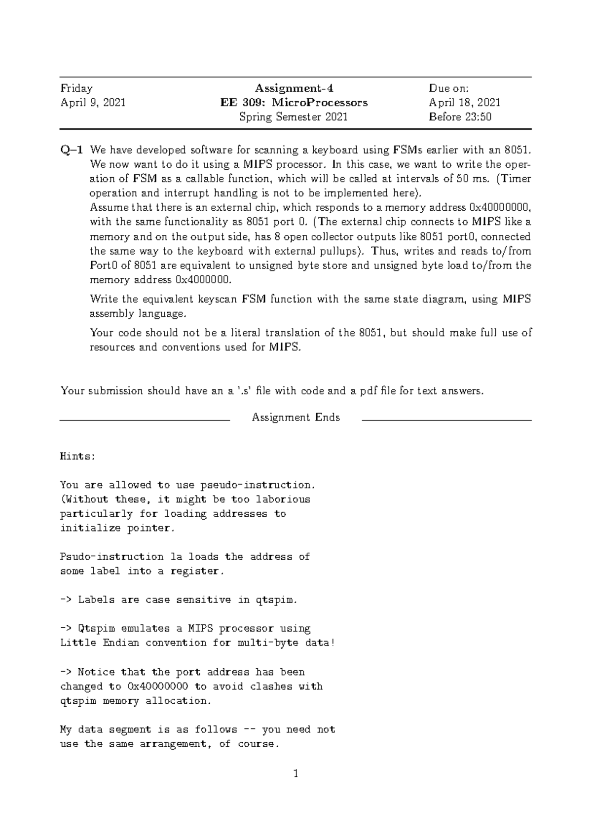 EE309 Assignment 4 - Friday April 9, 2021 Assignment- EE 309: MicroProcessors Spring Semester ...