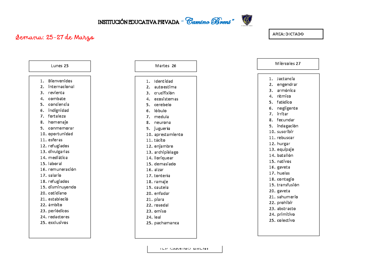 Dictado semana 25-27 de marzo - INSTITUCIÓN EDUCATIVA PRIVADA “Camino ...