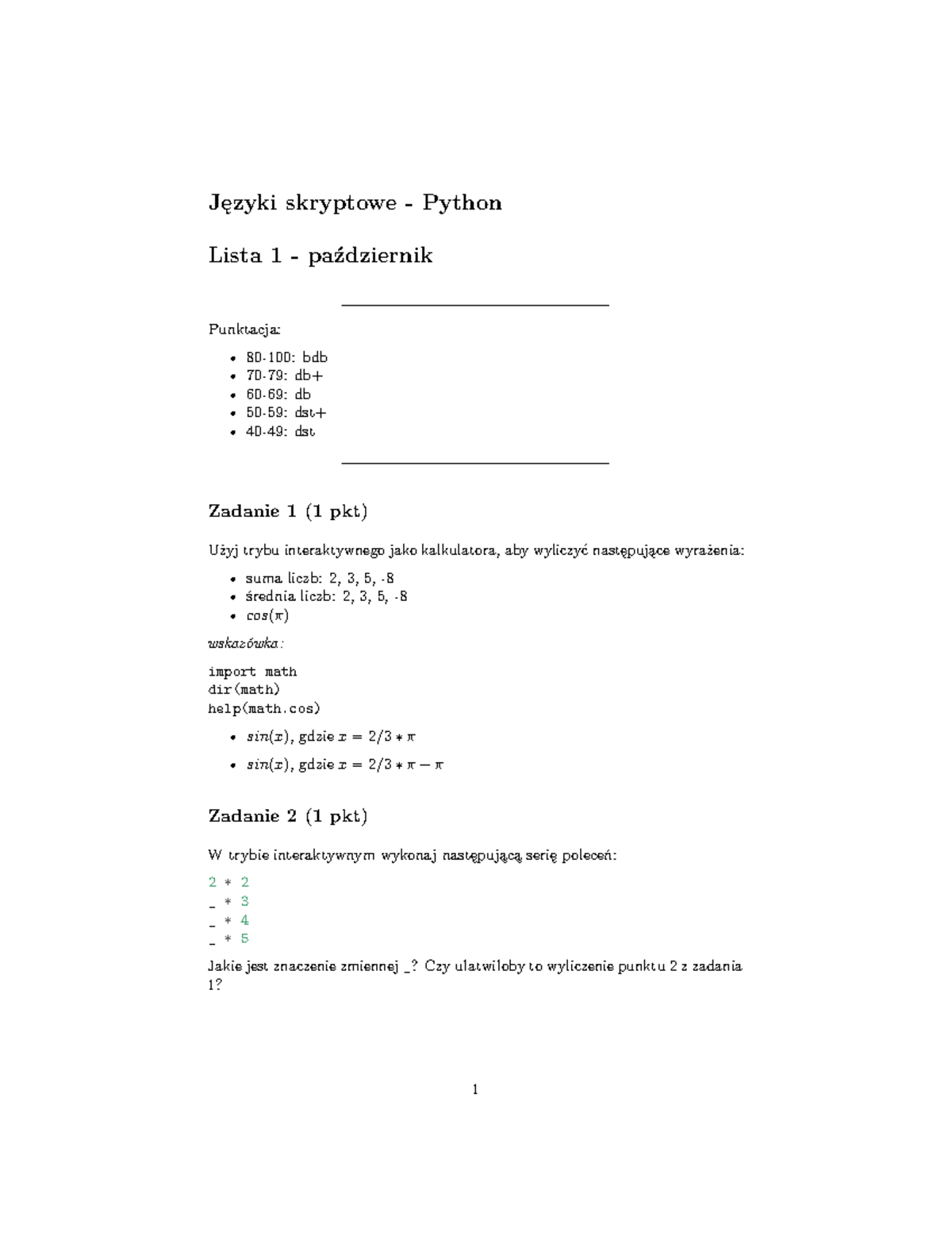 Pazdziernik - zadania - Języki skryptowe - Python Lista 1 - październik ...