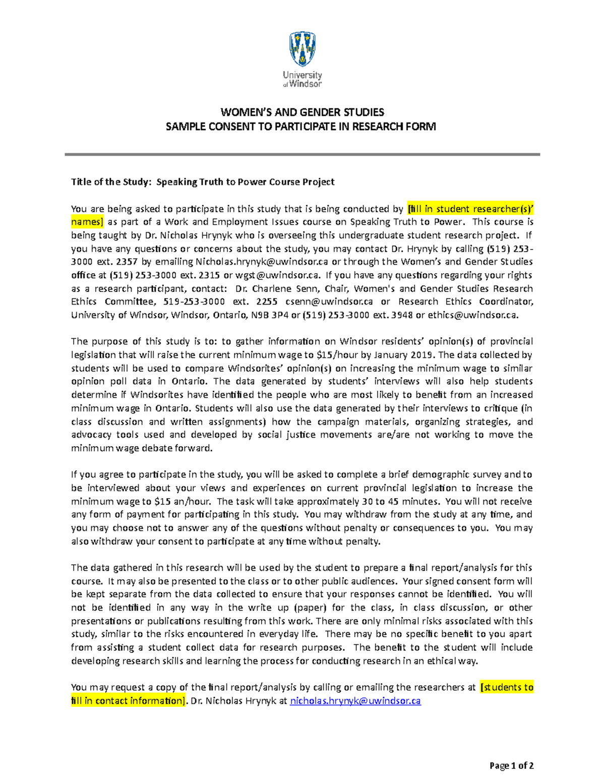 Consent Form - mandatory - WOMEN’S AND GENDER STUDIES SAMPLE CONSENT TO ...