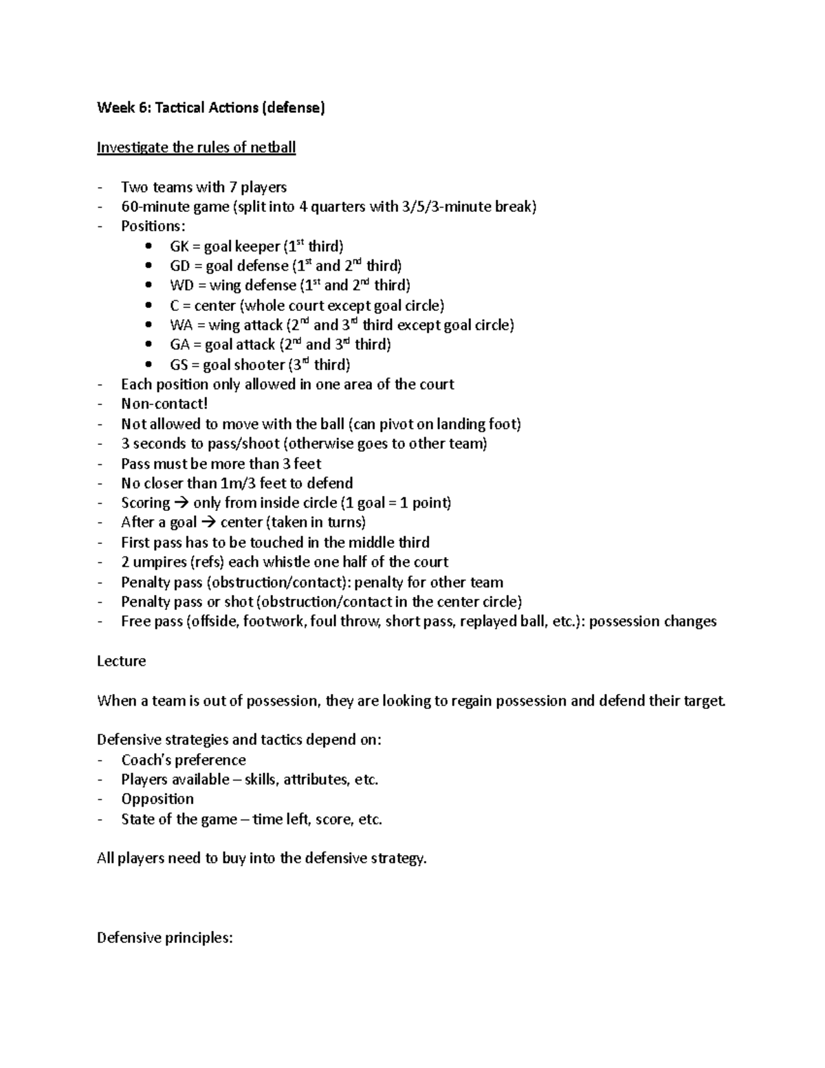 Games 5 - Lecture notes 5 - Week 6: Tactical Actions (defense ...