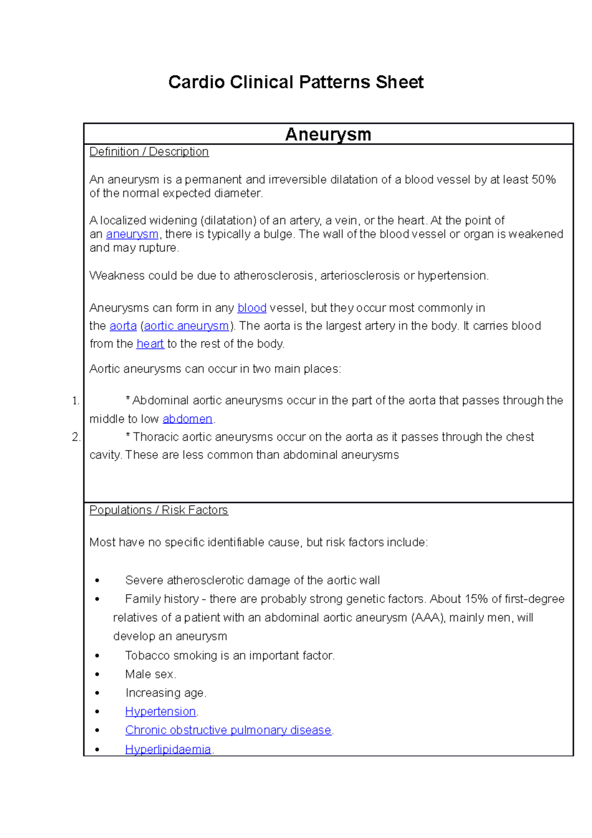 Aneurysm - clinical pattern sheets - Cardio Clinical Patterns Sheet ...