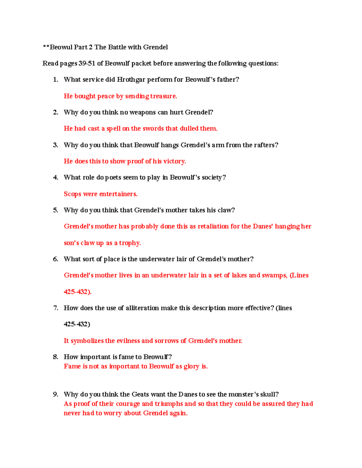 Beowulf Part 2 The Battle with Grendel - **Beowul Part 2 The Battle ...