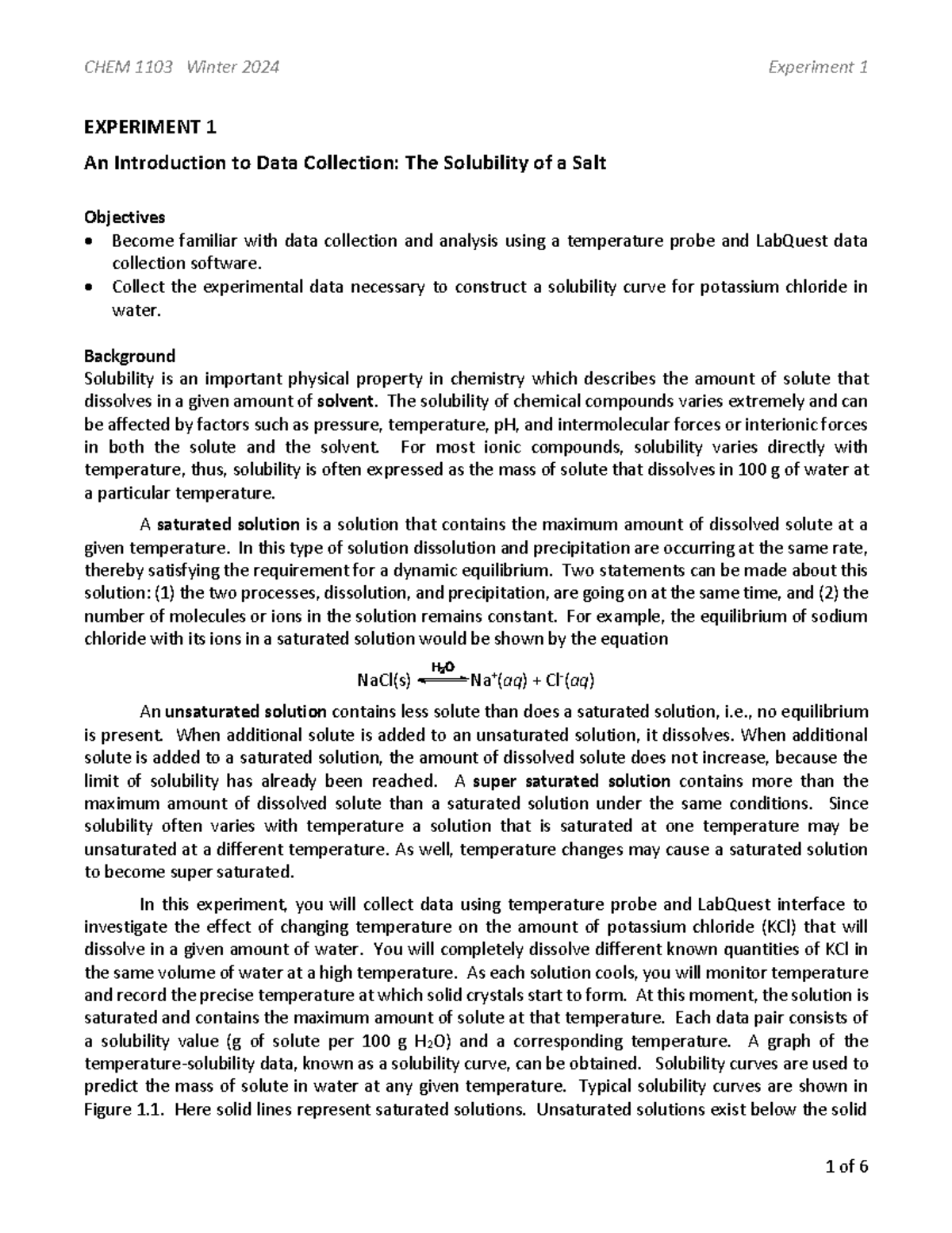 Exp. 1 The Solubility of a Salt - EXPERIMENT 1 An Introduction to Data ...