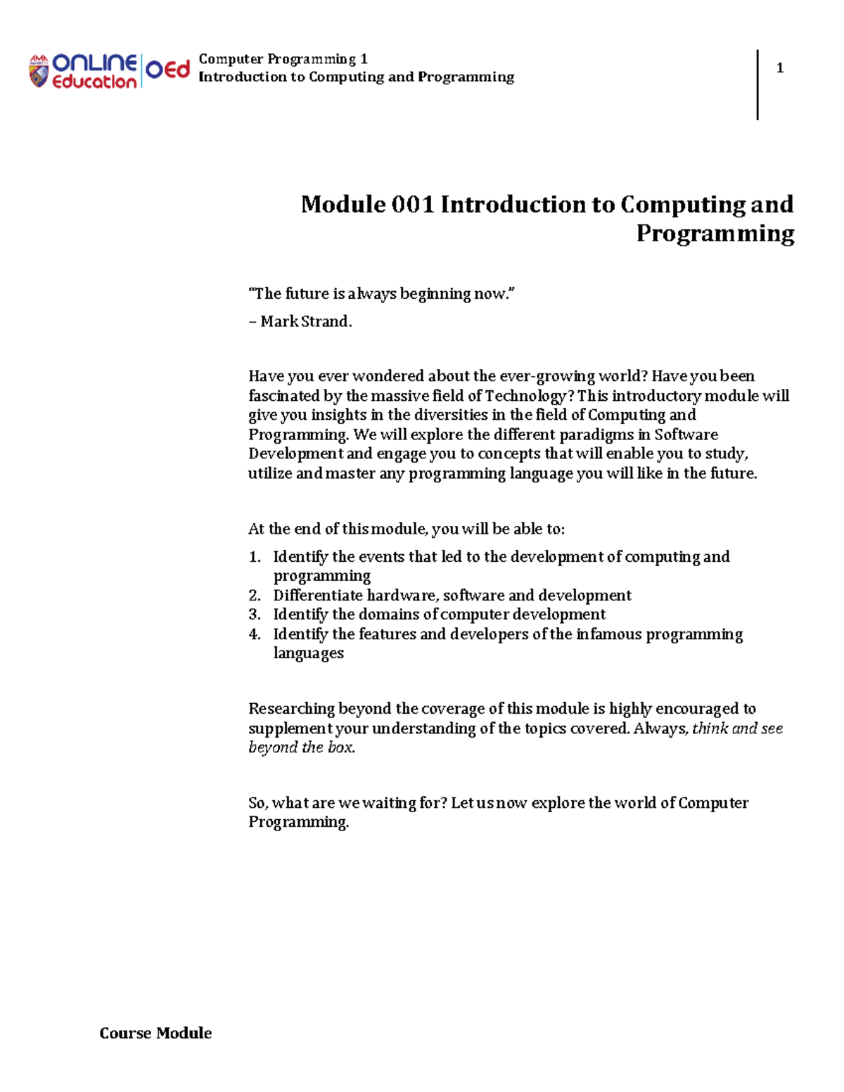 Introduction To Computing And Programming Computer Programming 1 Introduction To Computing And