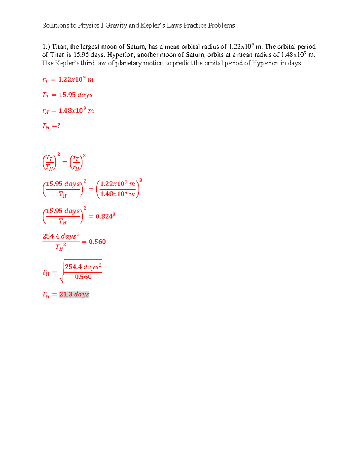 Gravity and Kepler Law - Solutions to Physics I Gravity and Kepler’s ...