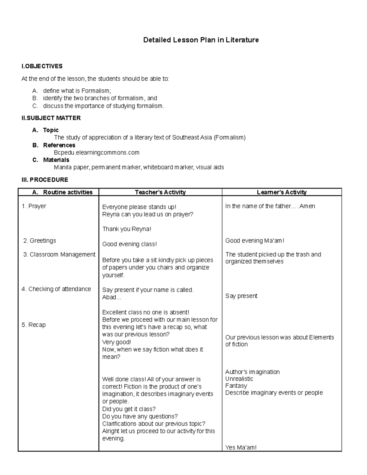 Formalism Detailed LP - Detailed Lesson Plan in Literature I At the end ...