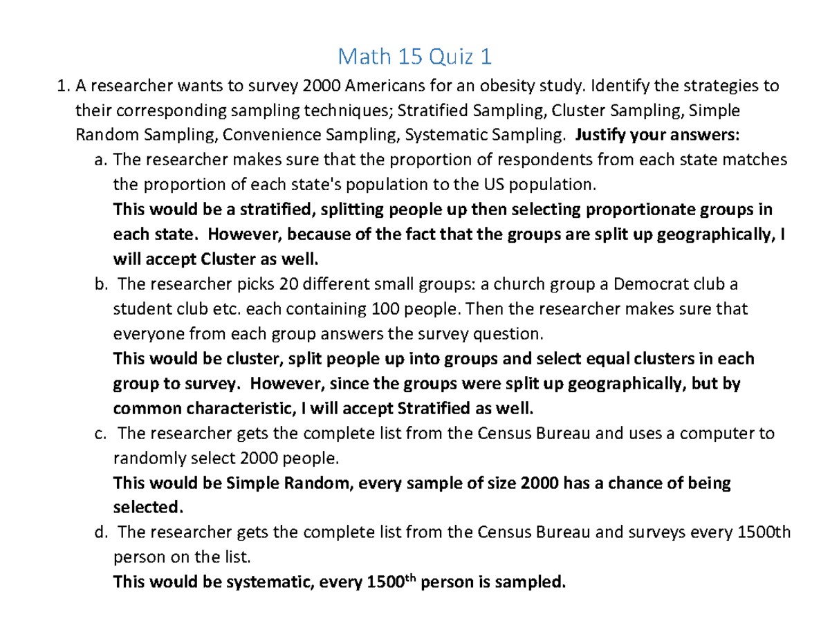 Math15Quiz1 - quiz - Math 15 Quiz 1 A researcher wants to survey 2000 ...