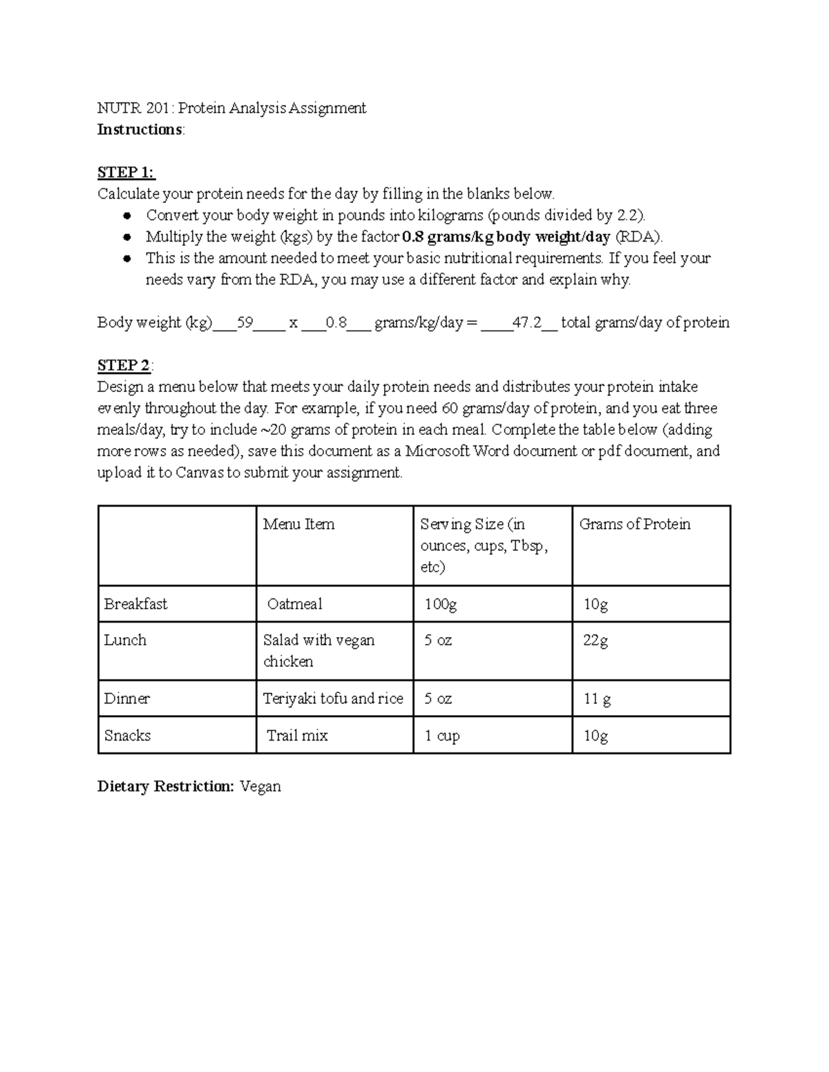 NUTR 201 Protein Analysis Assignment - NUTR 201: Protein Analysis ...