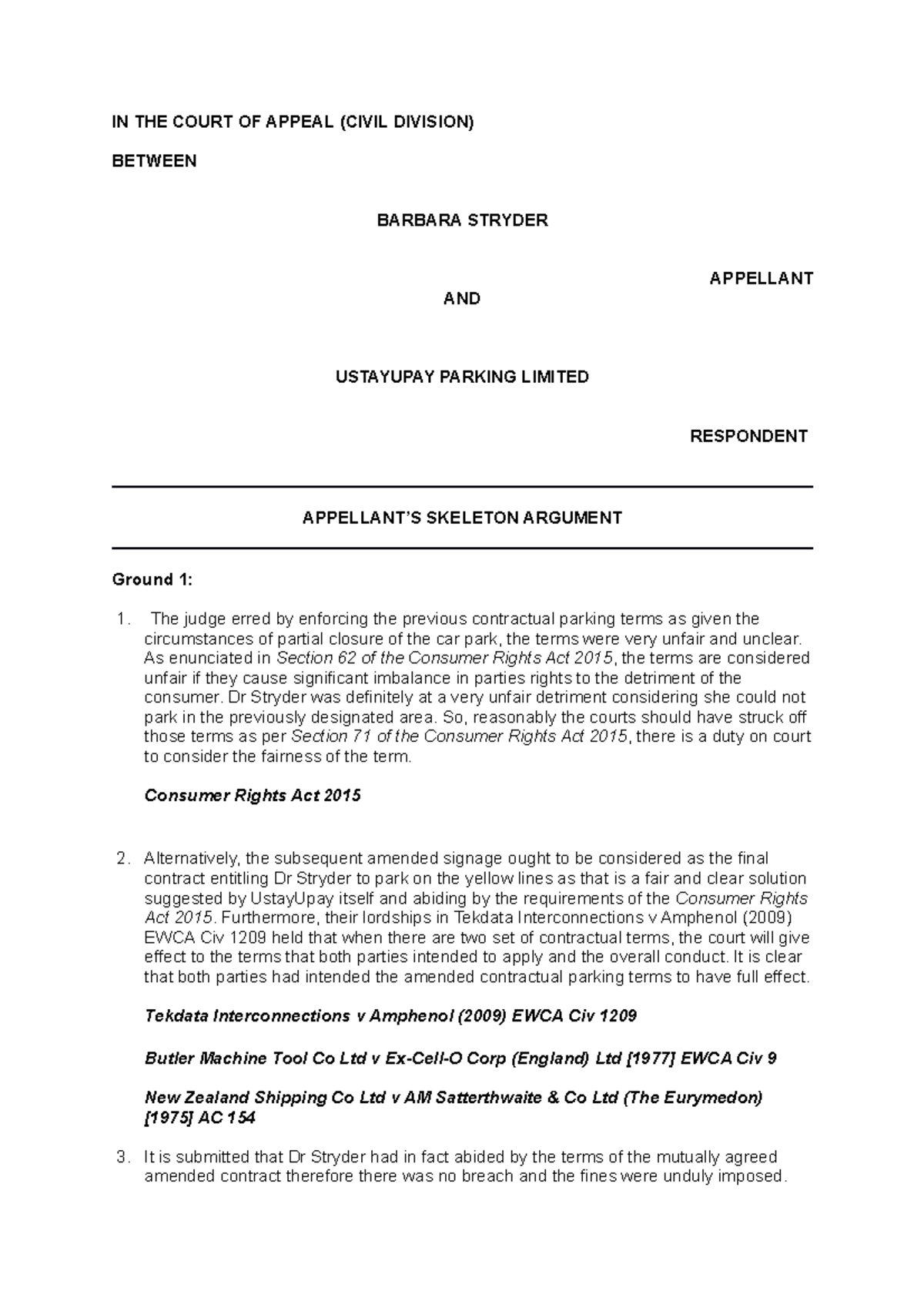 Skeleton Argument - IN THE COURT OF APPEAL (CIVIL DIVISION) BETWEEN ...