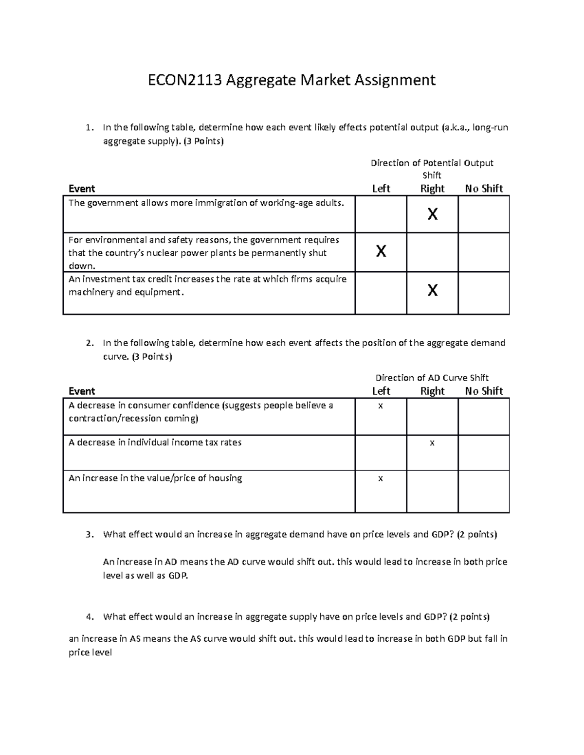 ECON2113 Aggregate Market Assignment - In the following table, determine how each event likely ...