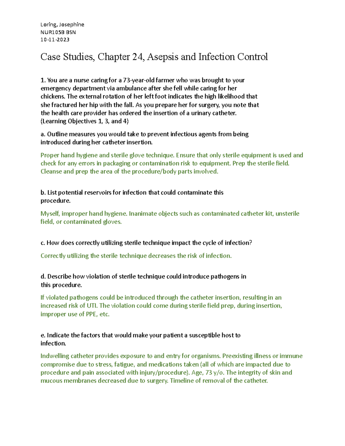 NUR105 - Nursing Fundamentals Case study - Loring, Josephine NUR105B ...