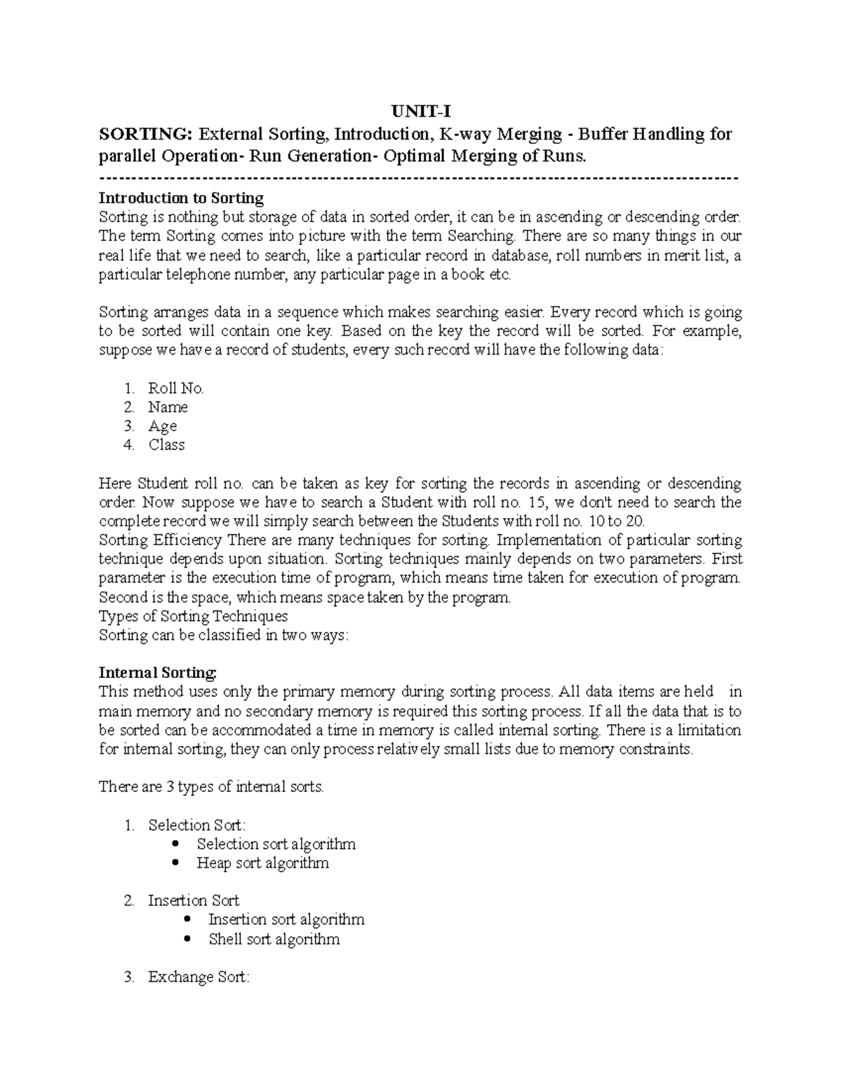 18. ADS UNIT-1 - introduction - UNIT-I SORTING: External Sorting, Introduction, K-way Merging ...