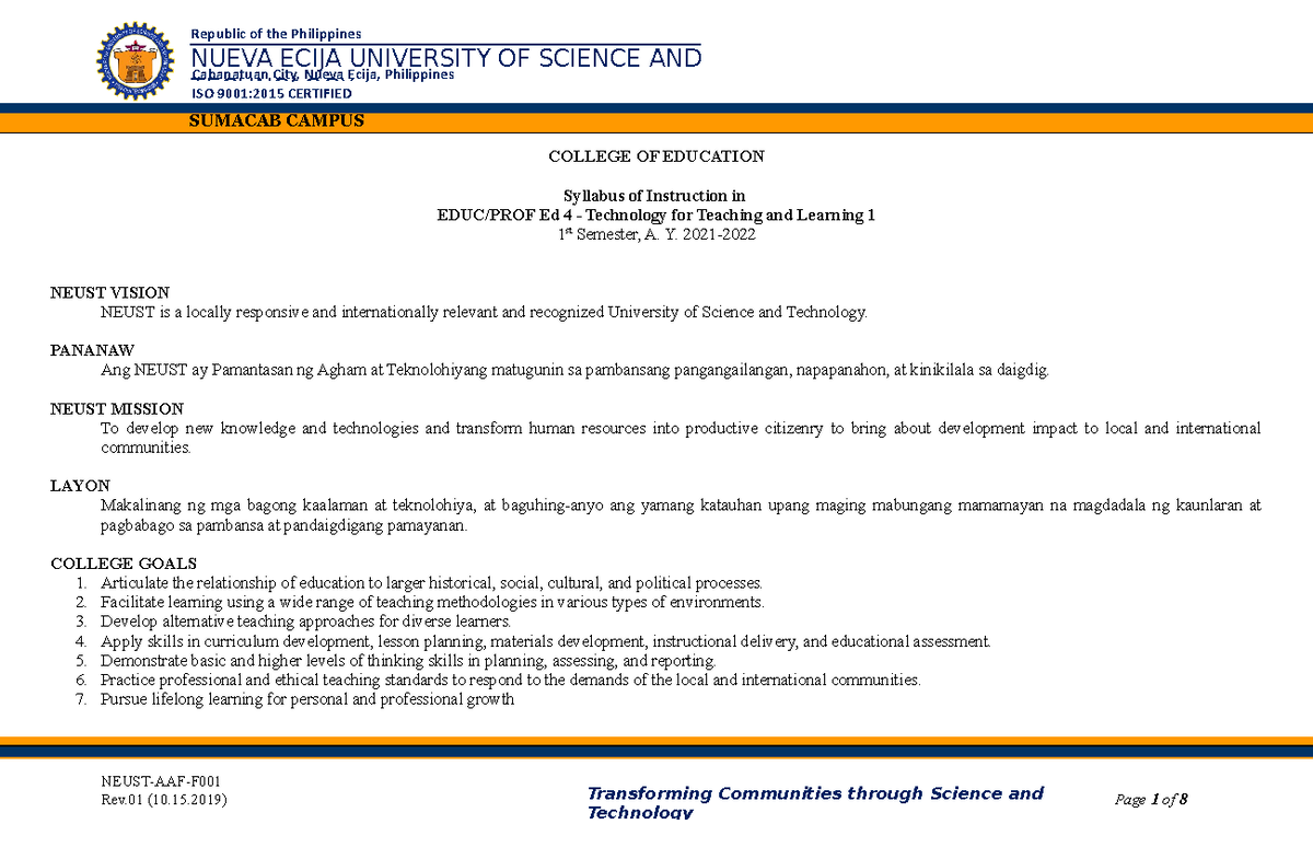 EDUC Prof Ed 4 - jsbffjshglaerol - COLLEGE OF EDUCATION Syllabus of ...