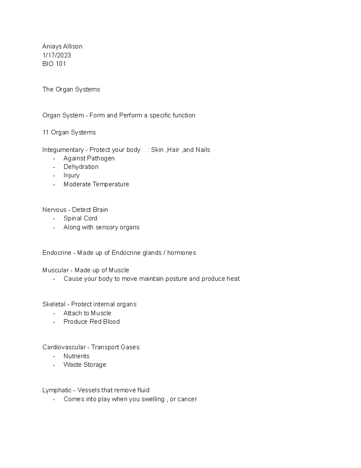 BIO 101 The Organ Systems - Aniays Allison 1/17/ BIO 101 The Organ ...