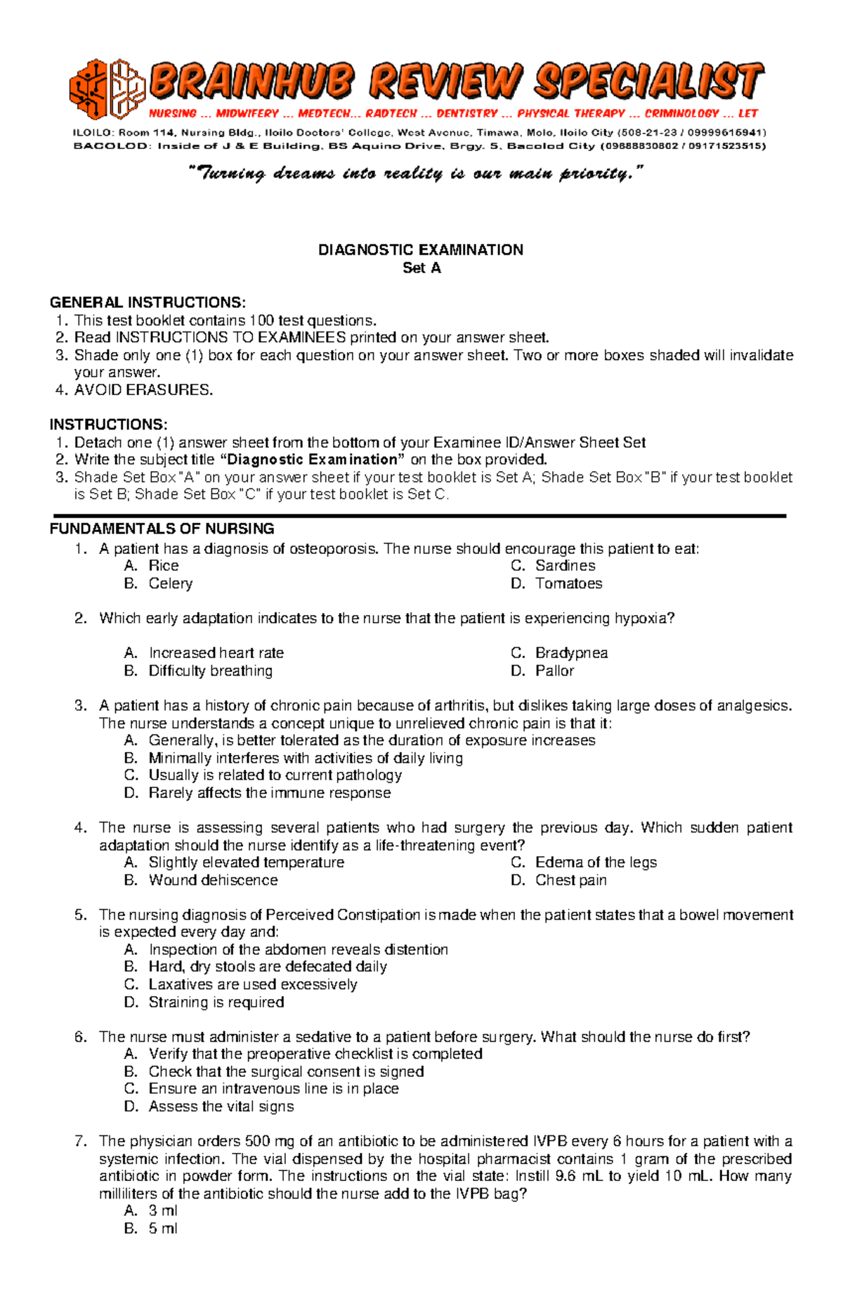 DX-Set-A - practice exam nursing - DIAGNOSTIC EXAMINATION Set A GENERAL ...