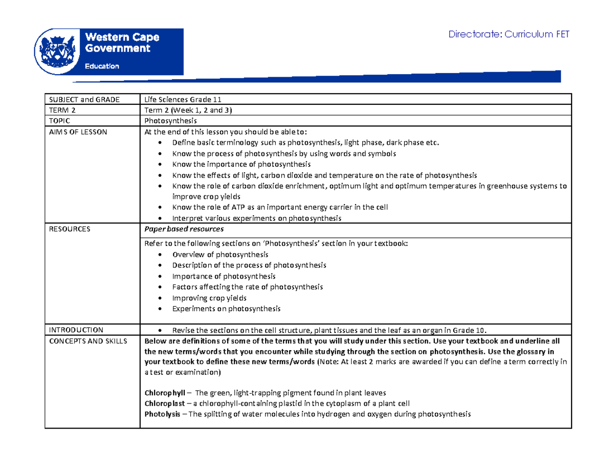 Life Sciences Grade 11 Term 2 Weeks 1 and 2 2020 - Directorate ...