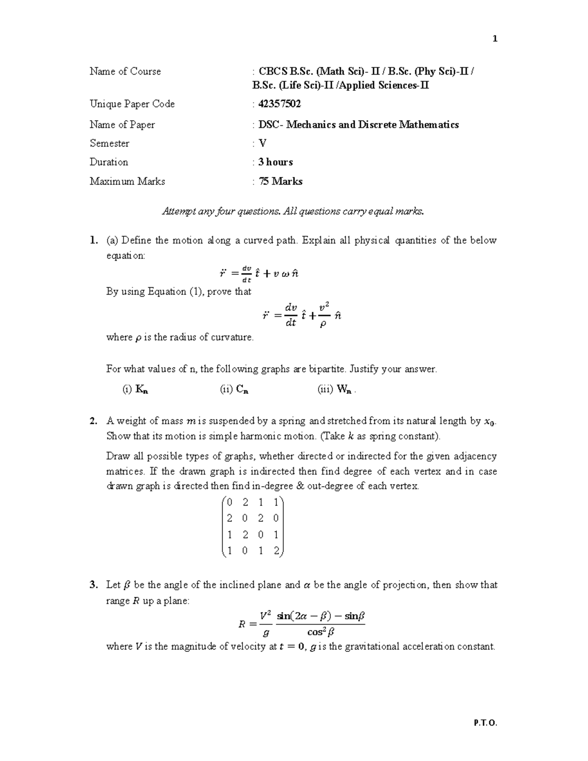 2020 - Privious year paper - 1 P.T. Name of Course : CBCS B. (Math Sci ...