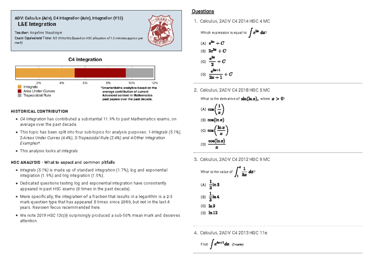 Smarter Maths - Yr 12 - L E Integration - ADV: Calculus (Adv), C4 ...