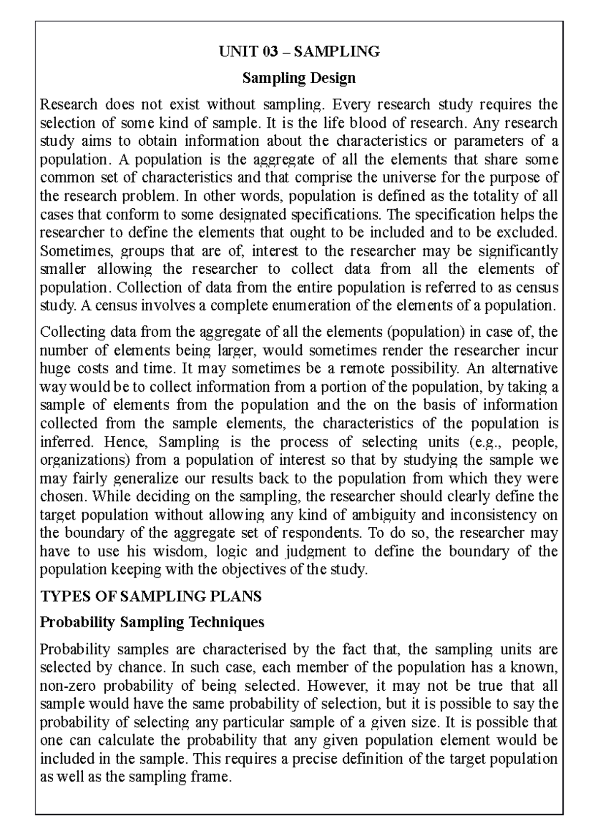 Brm3 - Lecture notes 3 - UNIT 03 – SAMPLING Sampling Design Research ...